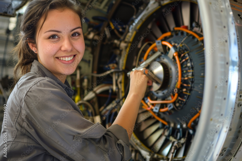 Smiling Hispanic, women plane engineer, fixing large, jet engine plane ...