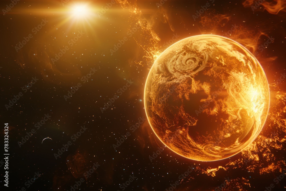 A fiery planet with a star in the background and a smaller planet in ...