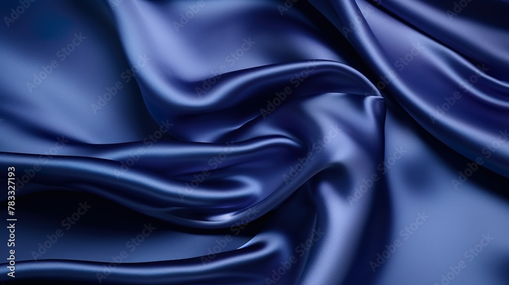 Luxurious shiny blue satin fabric draped elegantly with smooth waves ...