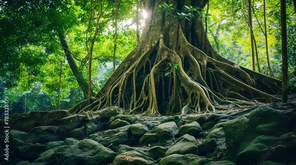 Powerful roots of a giant tree wrap around rocks in a lush green forest ...