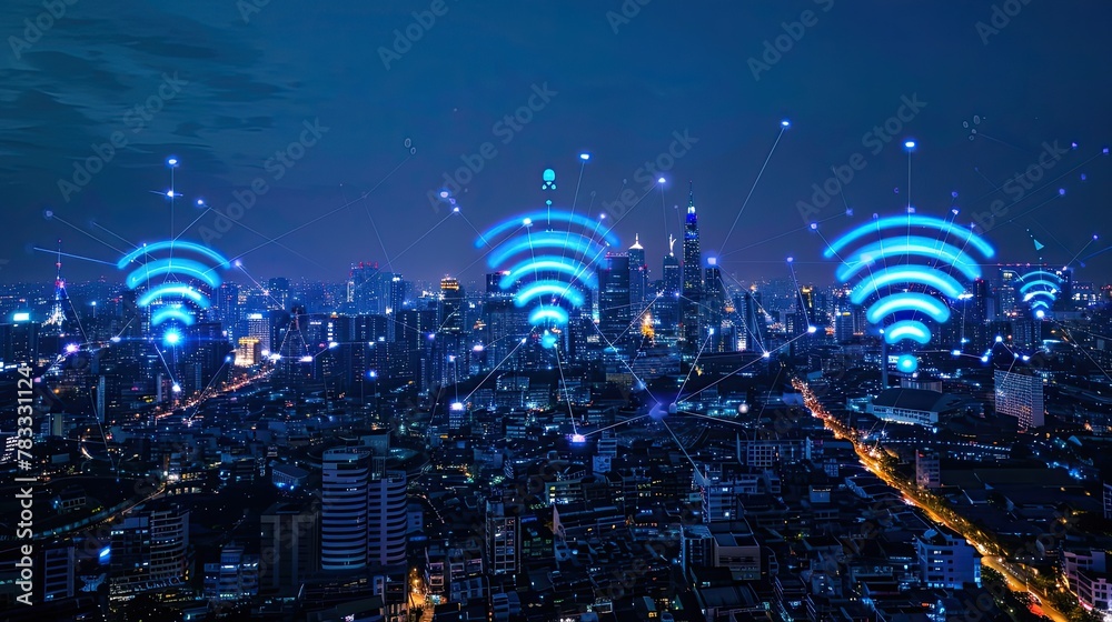 Wireless network concept and connection technology with night city ...