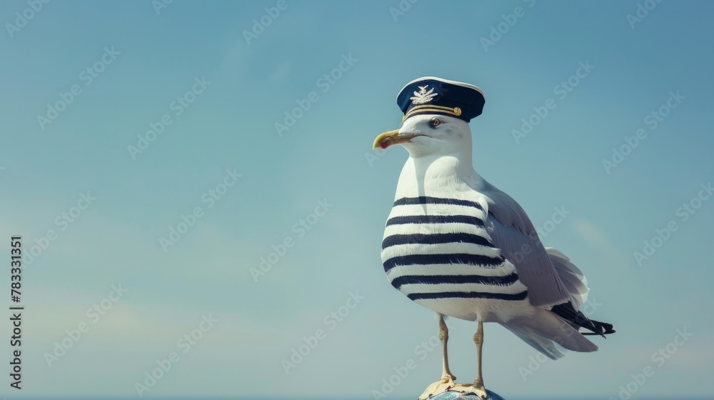 A striking photo of a seagull dressed in a navy captain's hat, posing ...
