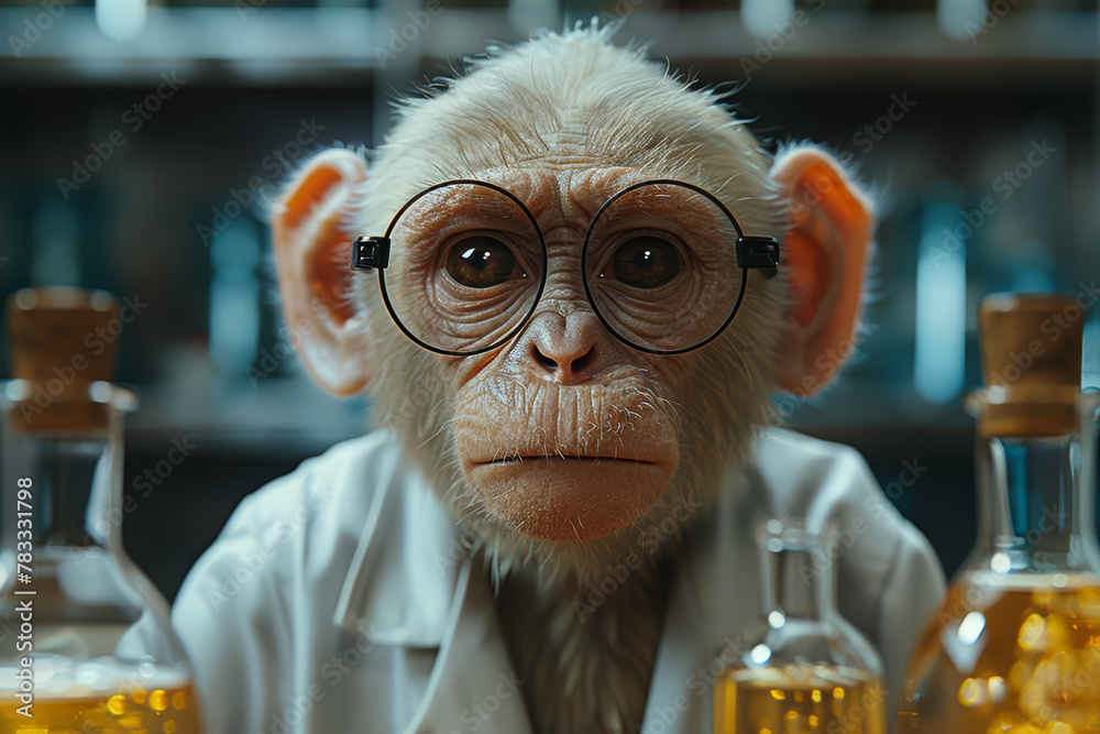 A curious monkey dressed in a scientist's lab coat, conducting ...