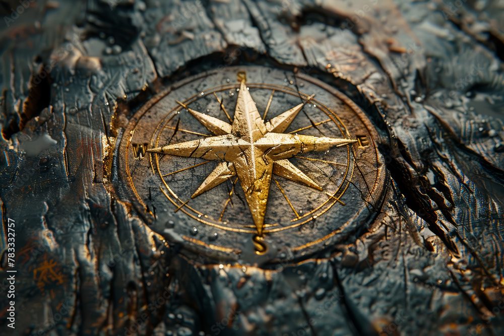 A compass rose etched into the surface of an ancient map, guiding ...