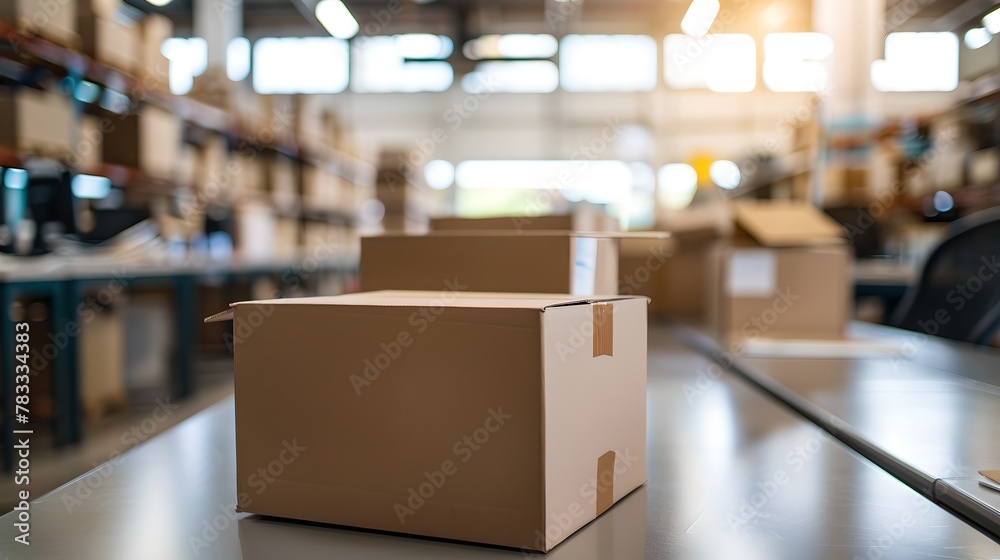 Open cardboard box on a table in a bright warehouse. Empty packaging ...