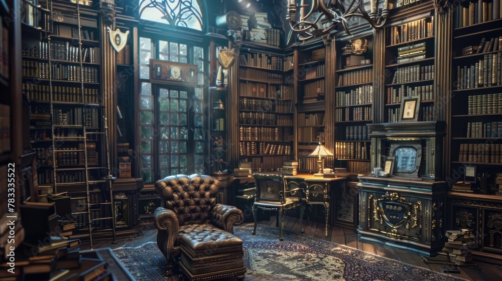 Elegant Antique Study Room with Rich Wooden Furniture and Books Stock ...