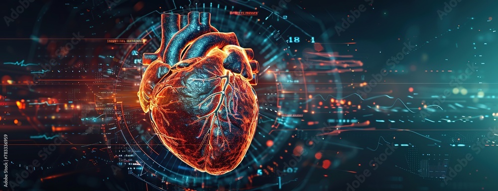Abstract digital human heart with medical symbols and data ...