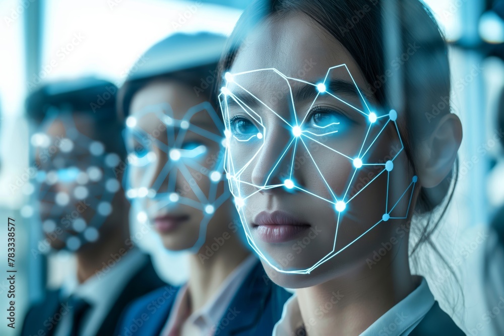 Group of people with biometric facial recognition scan overlays. Stock ...