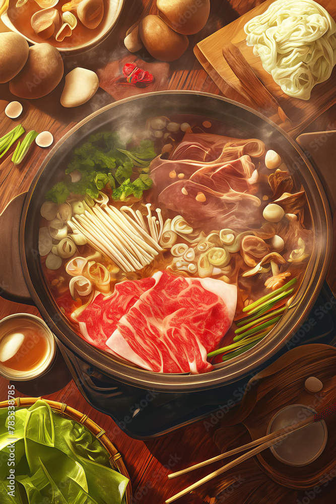 Top-down view of a Wagyu A5 beef nabe in realistic anime style Black ...