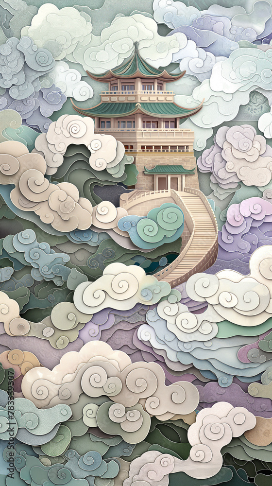 an illustration of a mosaic image of a China Heaven's Gate , colors are ...