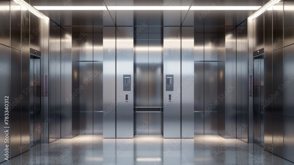 Metal elevator with closed, ajar and open lift doors in hallway ...