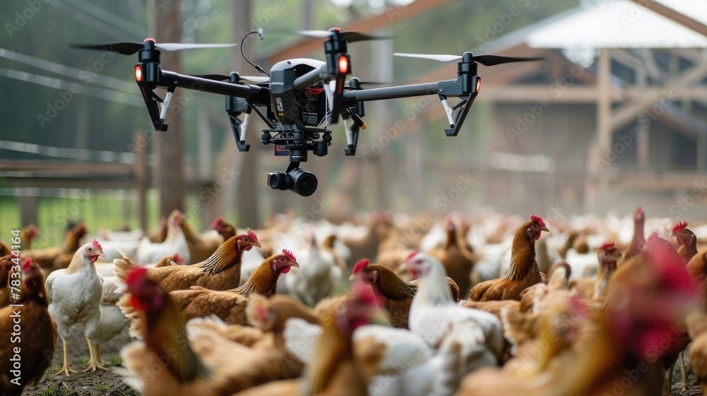 Drone equipped with a loudspeaker gently herding poultry into groups ...