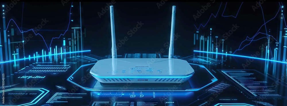 white cable is plugged into the port of Wi-Fi router, modern wireless ...