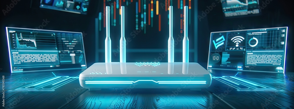 white cable is plugged into the port of Wi-Fi router, modern wireless ...