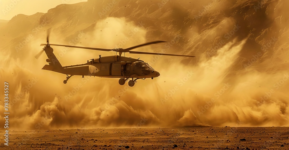 Military chopper takes off in combat and war flying into the smoke and ...