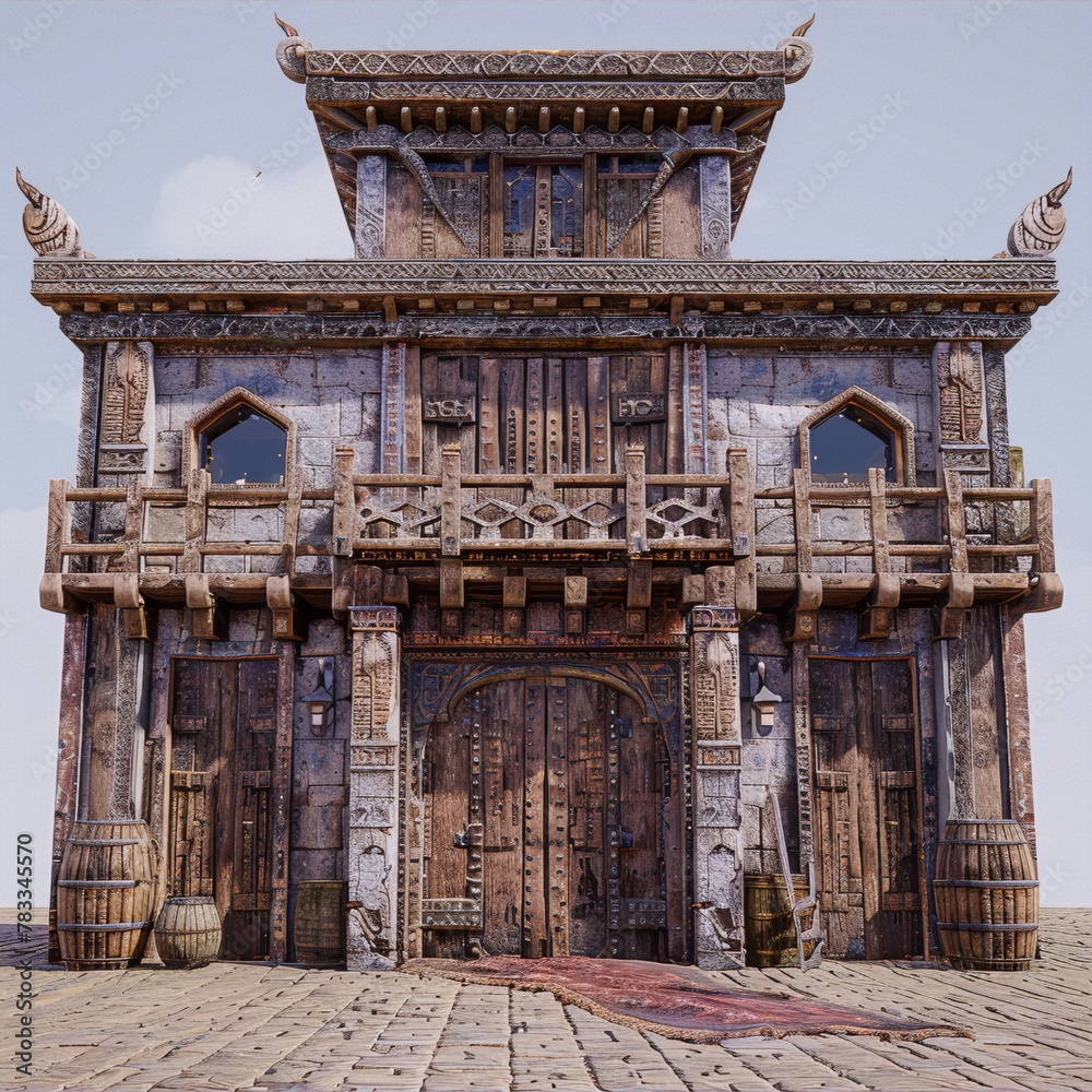 A highly detailed 3D rendering of a two-story, stone and wood, medieval ...