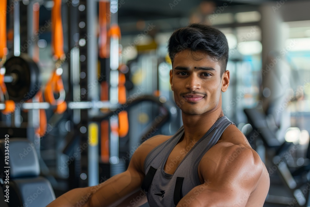 Foto de A young Indian man is posing for a photograph in a gym setting ...