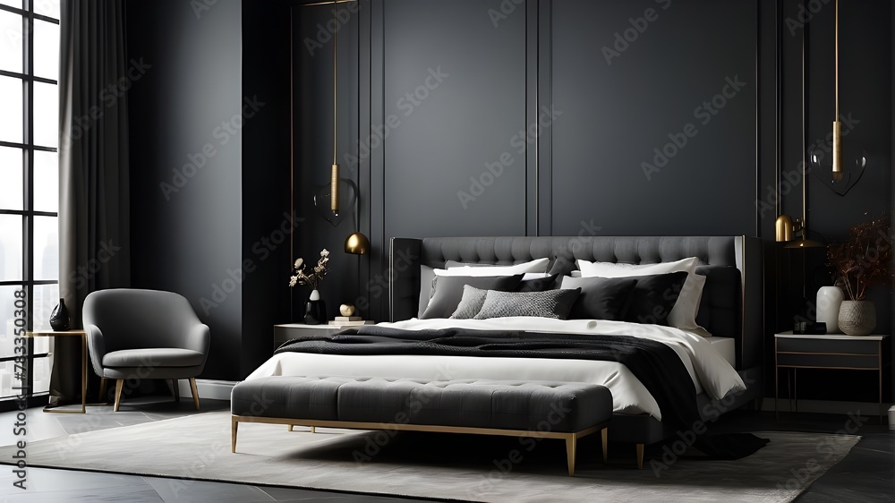 Luxurious spacious bedroom with black and dark gray walls and a bed ...