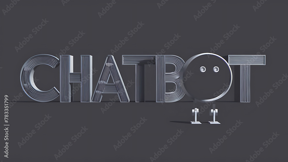 ‘CHATBOT’ large 3D letters, ‘O’ is stylized with robotic eyes and legs ...
