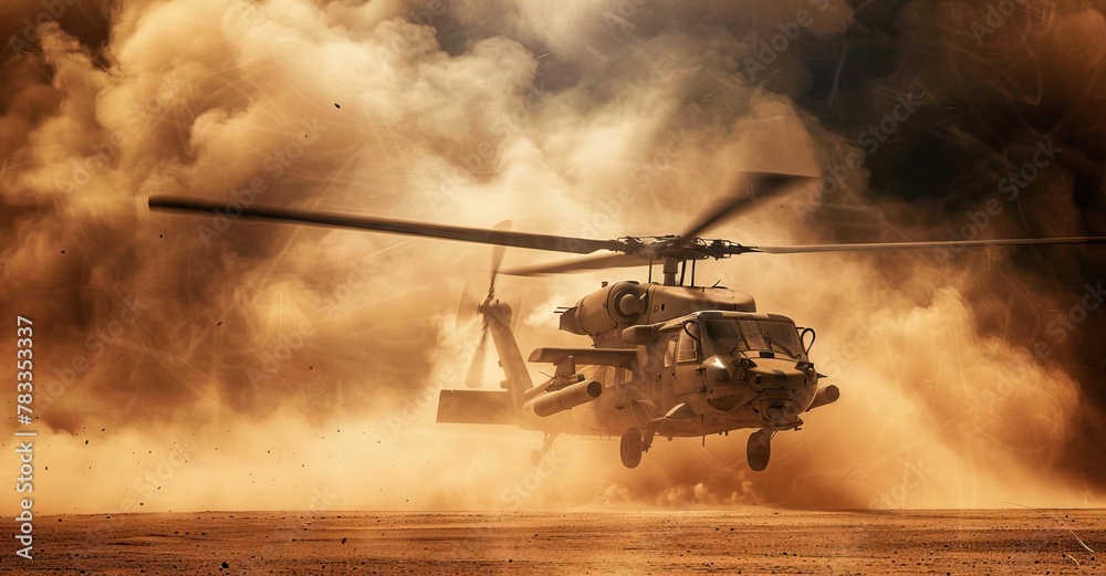 Military chopper takes off in combat and war flying into the smoke and ...