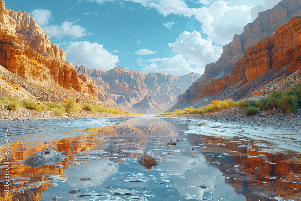 The intersection of a flood and a desert canyon, depicting the ...