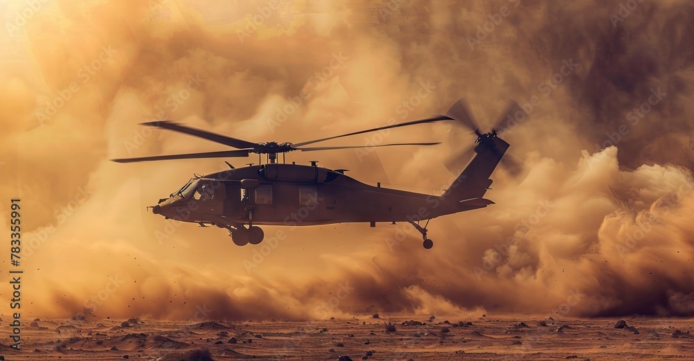 Military chopper takes off in combat and war flying into the smoke and ...