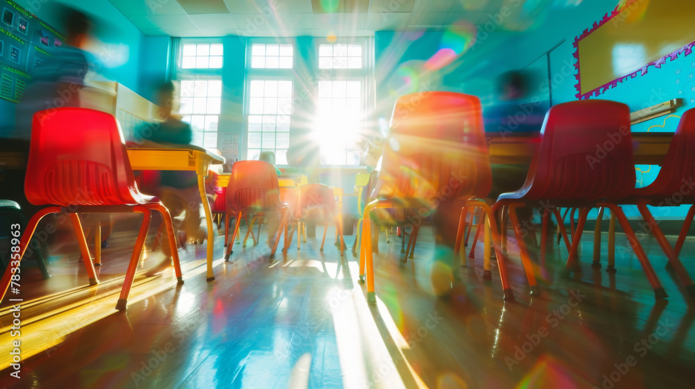 colorful primary classroom, children motion blur sun flare bight ...