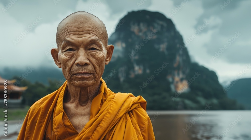 Contemplative Buddhist Monk by Water. A portrait of a Buddhist monk in ...