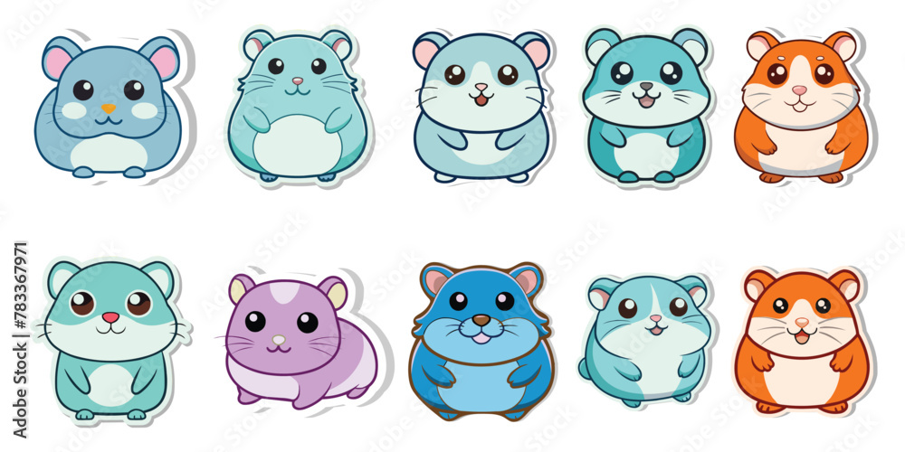Set of cute cartoon hamster stickers. Kawaii hamster sticker vector ...