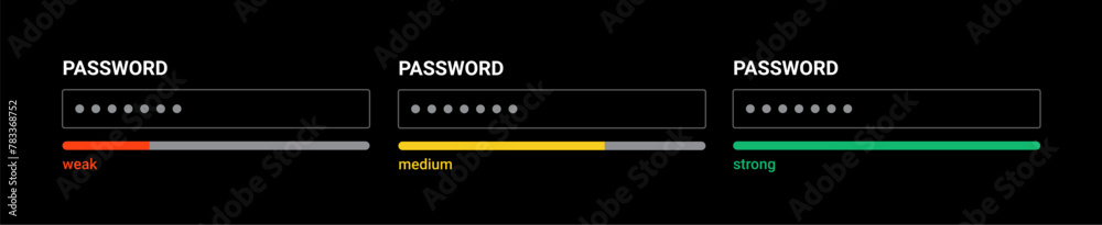 Password form template strong weak box. Password computer account screen code vector interface ...