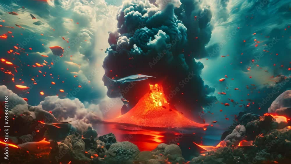 An underwater photo showcasing a view of a volcano amidst a vibrant ...