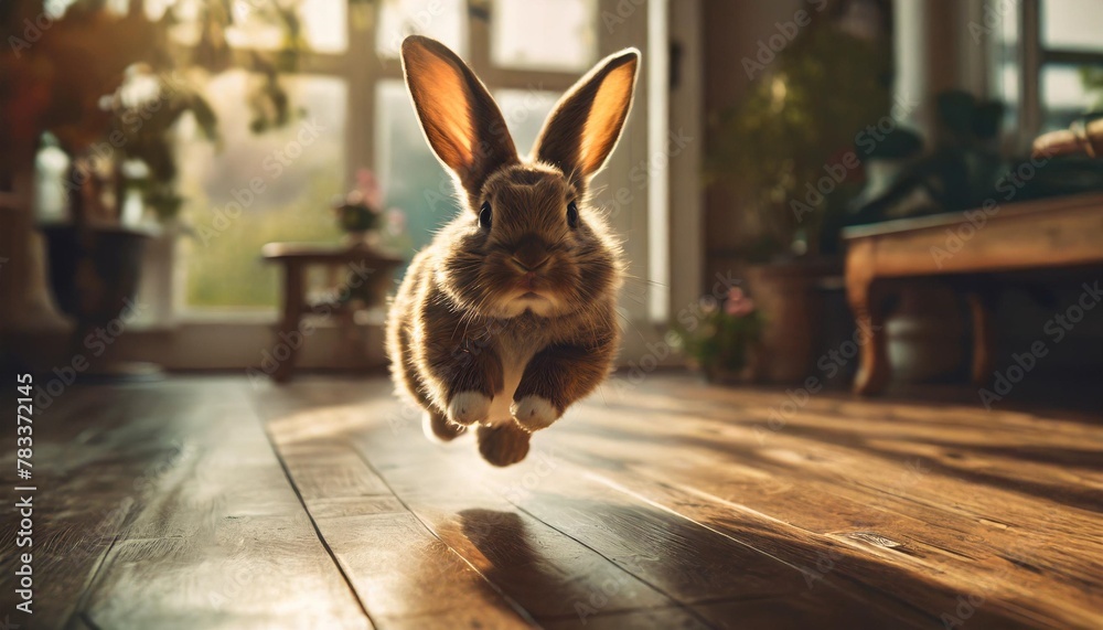 bunny running on a polished wooden floor this engaging image features a ...