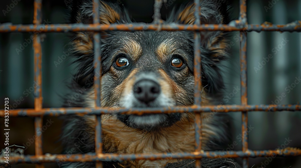 A dog locked in a cage in a scene of confinement and sadness. Dog ...