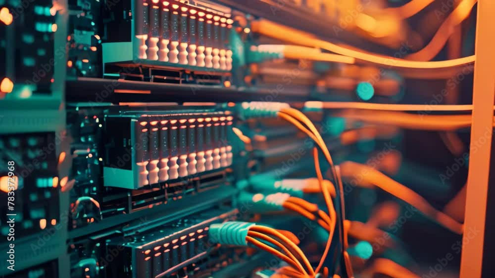 Vidéo Stock A close up view of a server in a server room with blinking lights and cables ...