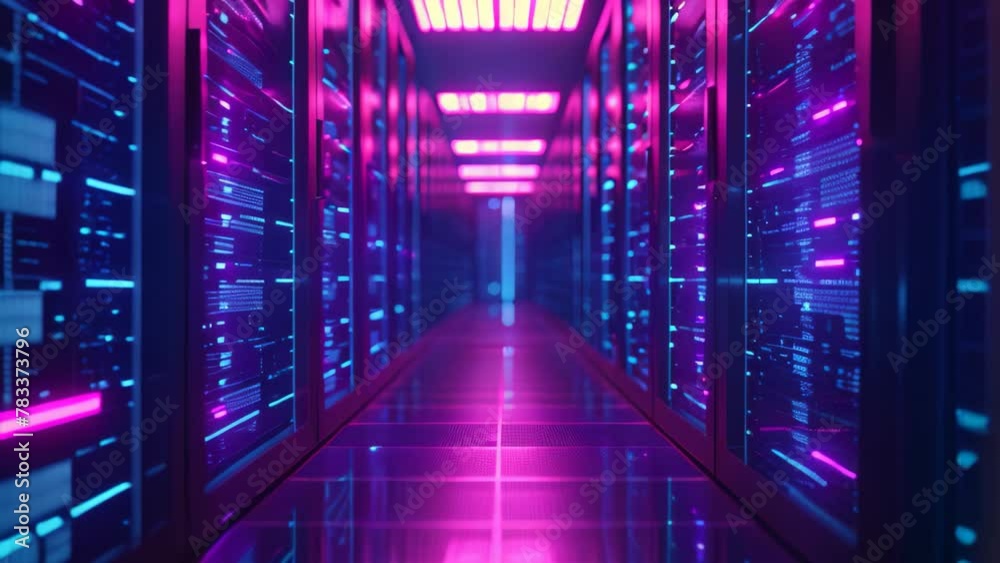 A long hallway filled with neatly arranged rows of servers in a high ...