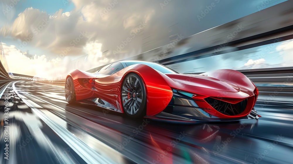 futuristic red sports car speeding on highway aerodynamic design and ...