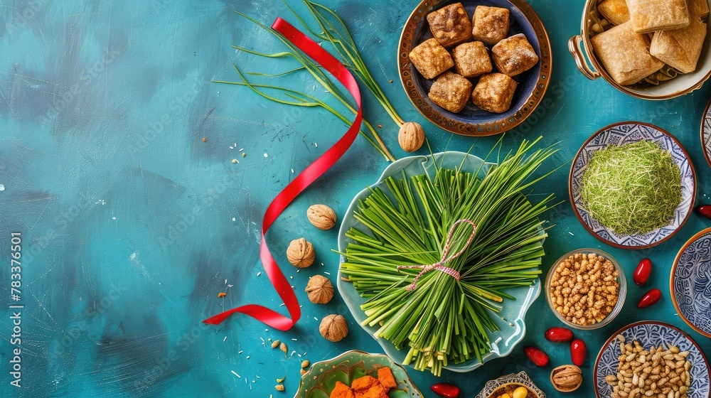 Novruz table setting with green samani wheat grass with satin ribbon ...