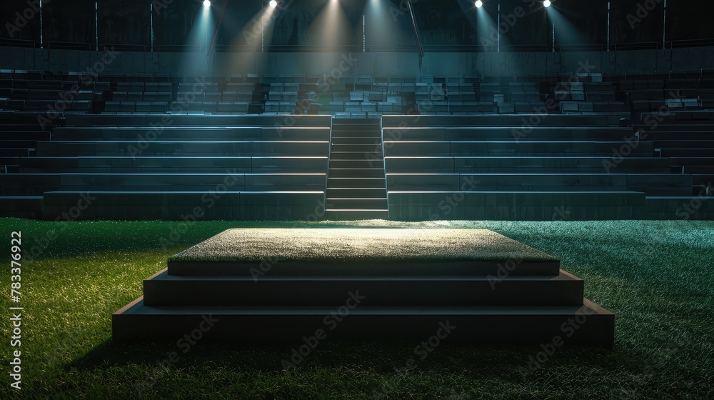 podium in the center of a stadium, surrounded by rows of empty seats ...