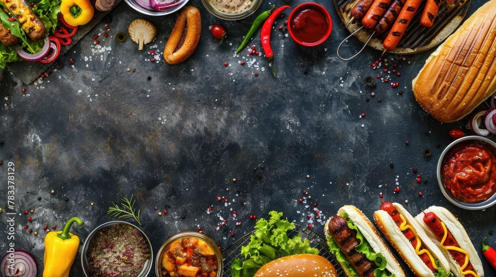Summer BBQ food corner border with hot dog and hamburger buffet. Top ...