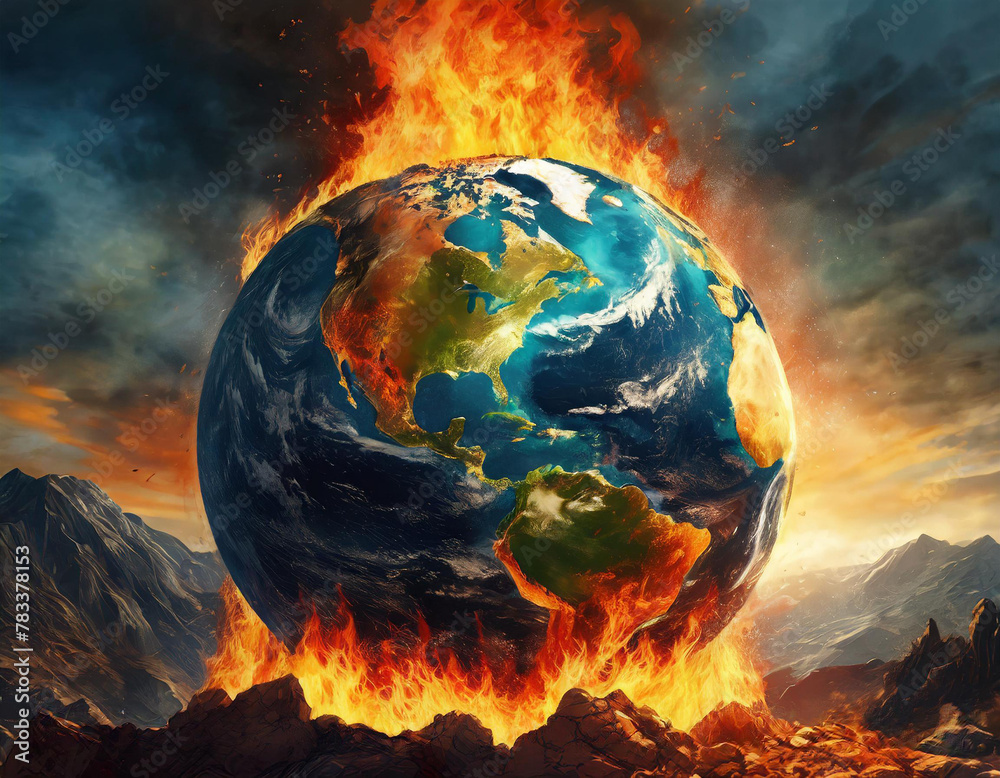 Earth globe burning into flames, America destroyed by fire, conceptual ...
