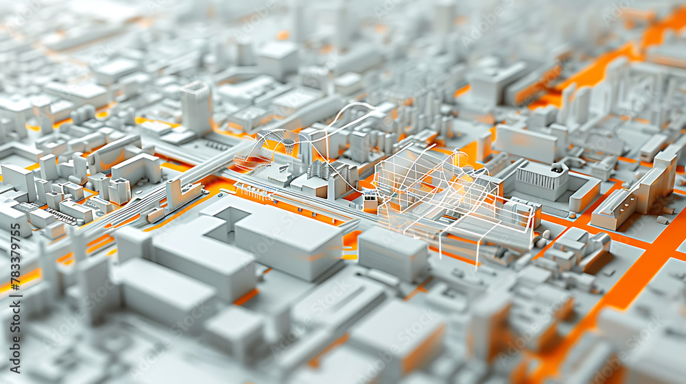 a 3D model of a city layout with highlighted areas, possibly indicating ...