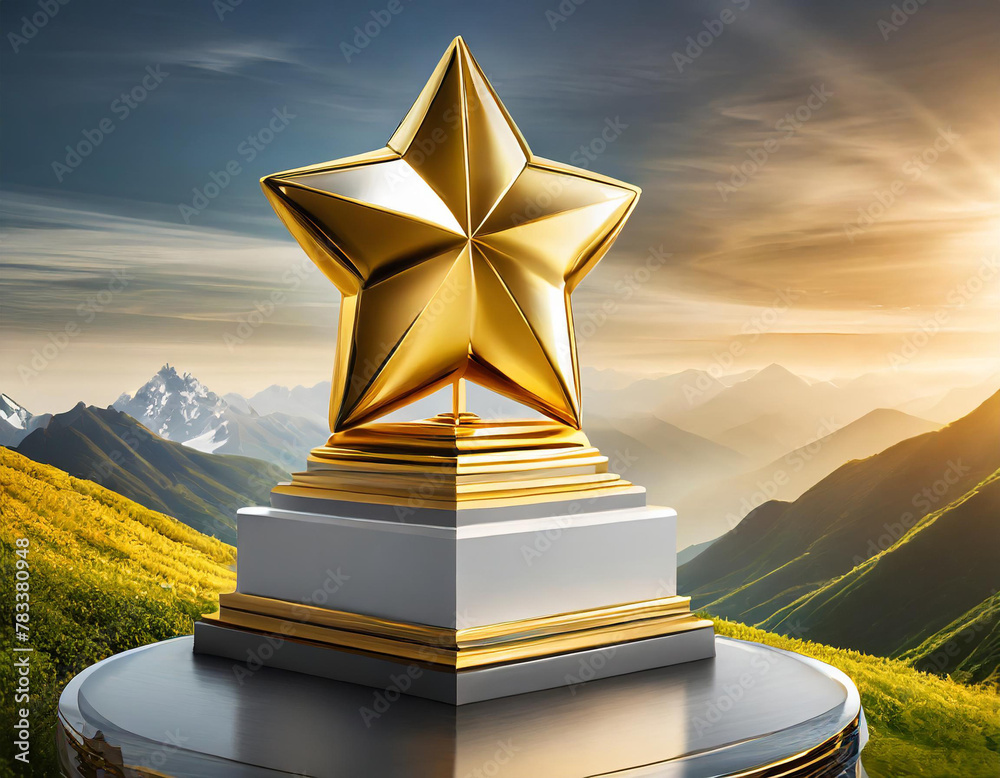Gold five star rating trophy success award symbol on achievement 3d ...