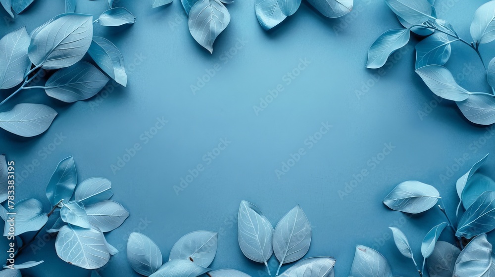 Metallic blue leaves framing a smooth azure background with copy space ...