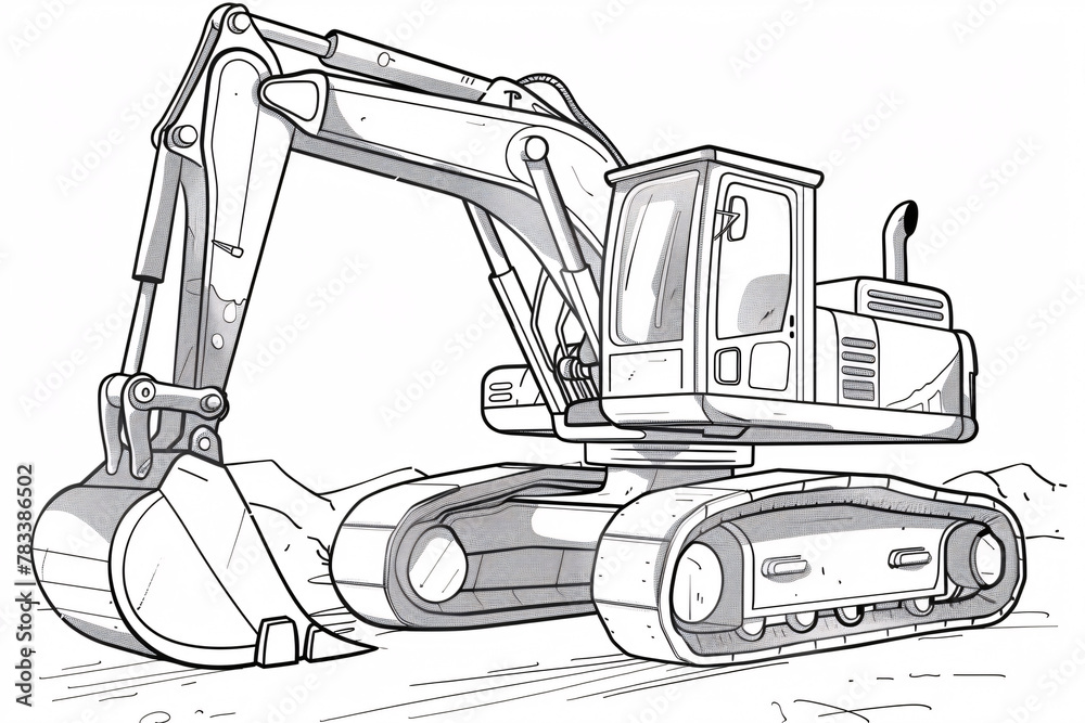 Line drawing of a frontal angled view of an excavator with detailed ...