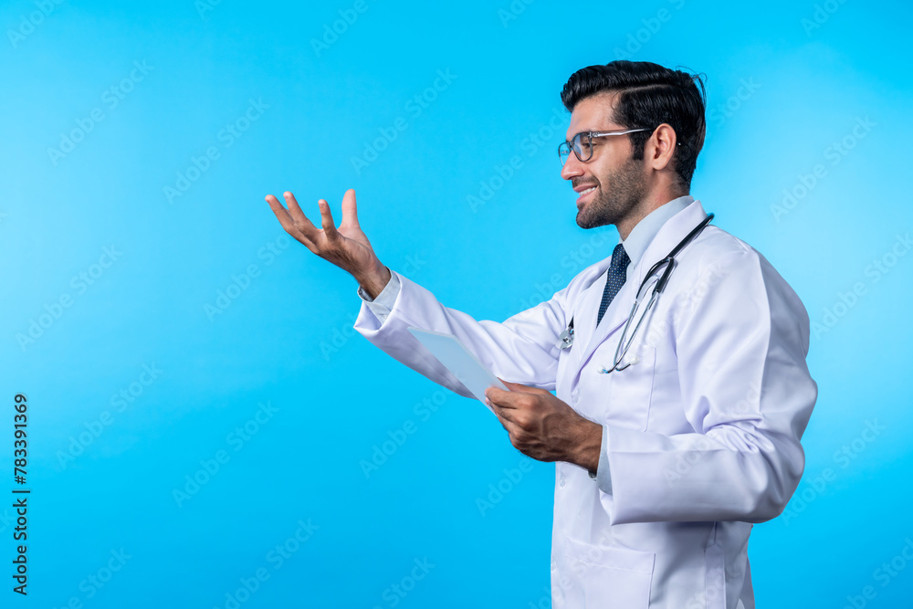 Side view of smart doctor pointing and checking and looking at chart or ...