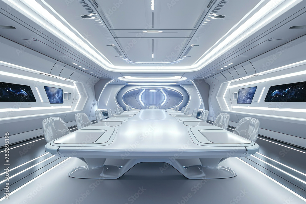 Futuristic spaceship interior with long table, chairs and large screen ...