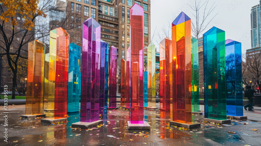 An interactive art installation in a public square, featuring colorful ...
