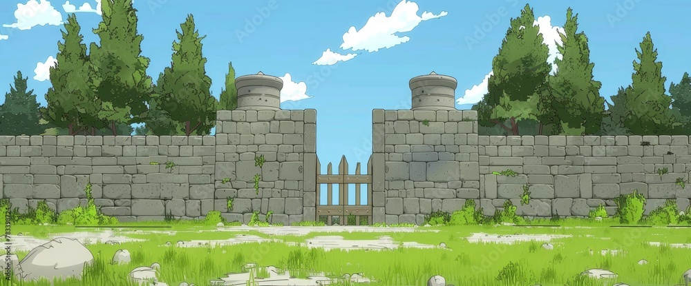 cartoon background of an ancient stone wall with two large gun turrets ...
