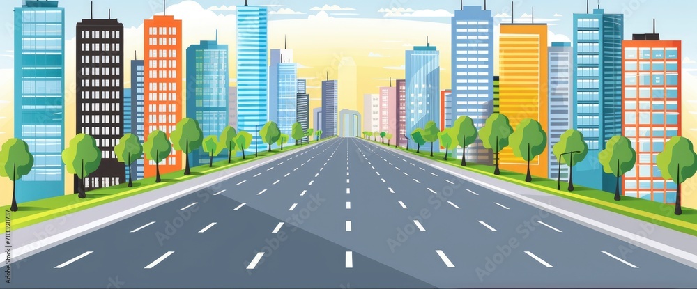 cartoon city street, buildings on the right and left sides of the road ...