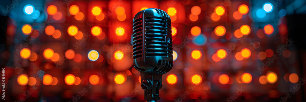 Retro Microphone on Stage with Red Curtain Background, Music karaoke ...